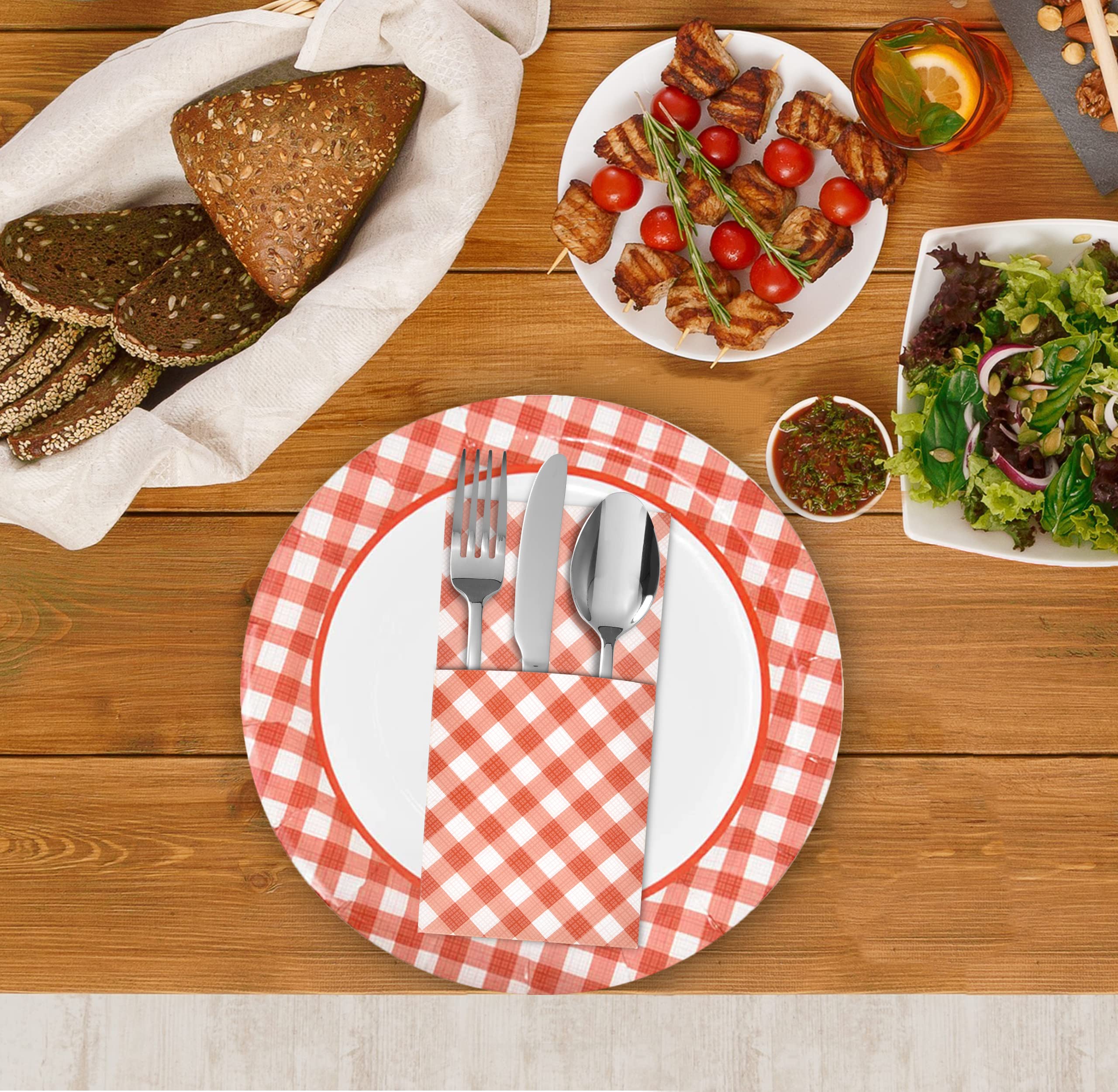 36 Picnic Barbecue Cutlery Holders Red and White Gingham Utensil Silverware Paper Pouch Pockets for Checkered Summer BBQ Table Place Settings Tableware Party Supplies Decorations for Knife Fork Spoon