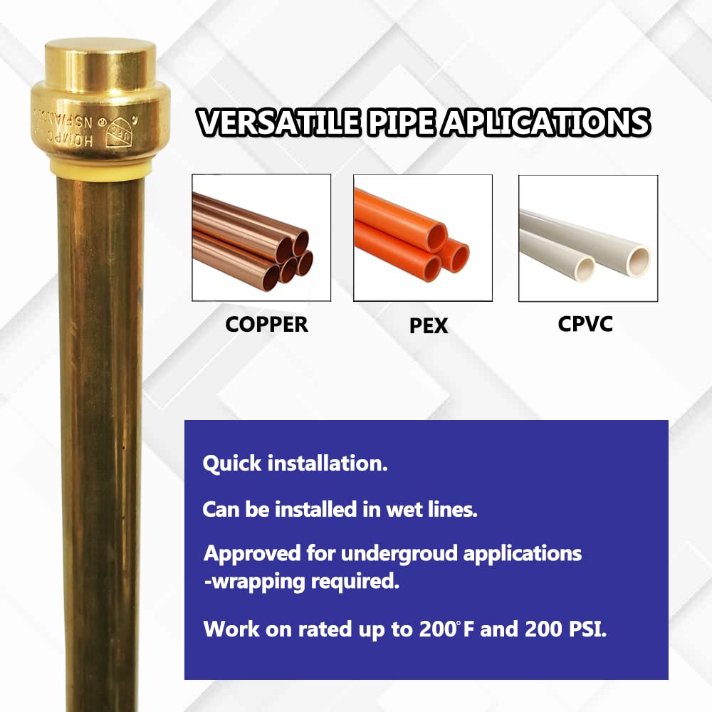 HQMPC 1" Push Fit PEX End Cap, Push-to-Connect, No lead Brass Plumbing Fittings for Copper, CPVC 6Pcs Disconnect Clip Included