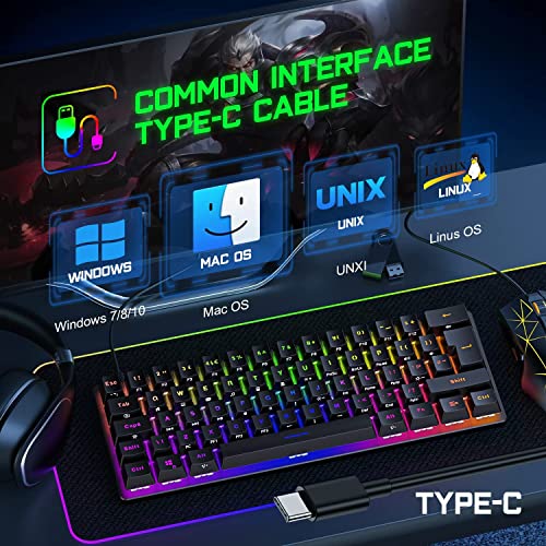 Compact 60% Mechanical Gaming Keyboard with Ergonomic Anti-ghosting Mini 61 Key Layout Rainbow RGB Backlight Waterproof Metal Plate Type-C USB Wired for PC Mac Gamer Office Typist (Black/Blue Switch)