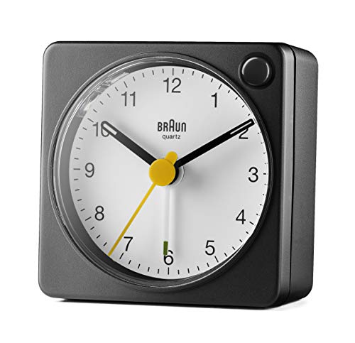 Braun Classic Travel Analogue Alarm Clock with Snooze and Light, Compact Size, Quiet Quartz Movement, Crescendo Beep Alarm in Black and White, Model BC02XBW.