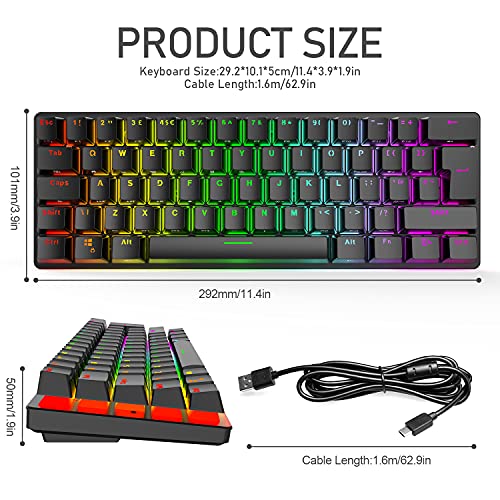 Compact 60% Mechanical Gaming Keyboard with Ergonomic Anti-ghosting Mini 61 Key Layout Rainbow RGB Backlight Waterproof Metal Plate Type-C USB Wired for PC Mac Gamer Office Typist (Black/Blue Switch)