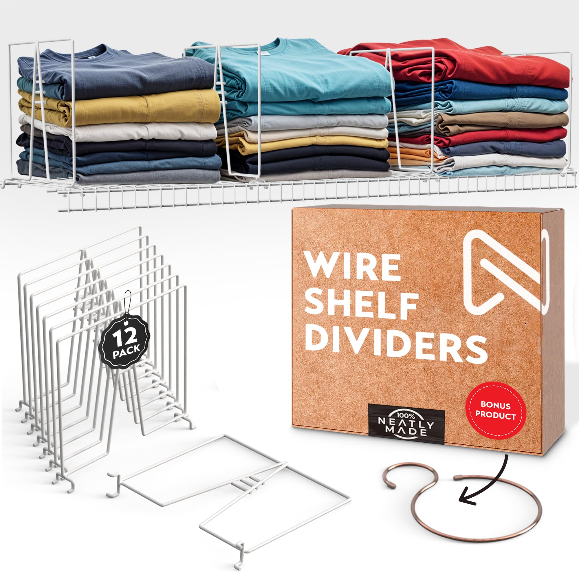 Neatly Made Tall White Wire Shelf Dividers for Closet Organization â Sturdy and Easy Set-Up Closet Shelf Dividers with Bonus Rose Gold Hanger (12 inch Wire Shelves, 12-Pack)