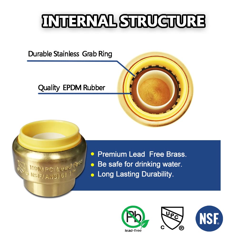 HQMPC 1" Push Fit PEX End Cap, Push-to-Connect, No lead Brass Plumbing Fittings for Copper, CPVC 6Pcs Disconnect Clip Included