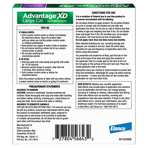 AdvantageĀ® XD NEW Flea Prevention & Treatment for Large Cats Over 9 lbs, 2 Topical Doses, 4-Month Coverage, Long Lasting