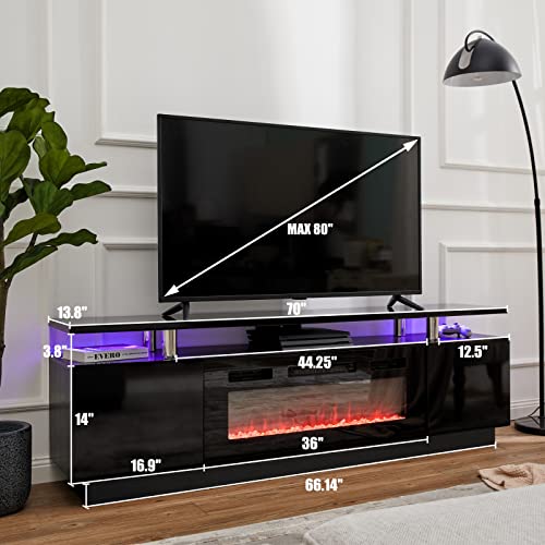 Amerlife Fireplace TV Stand with 36" Fireplace, 70" Modern High Gloss Entertainment Center LED Lights, 2 Tier TV Console Cabinet for TVs Up to 80", Black
