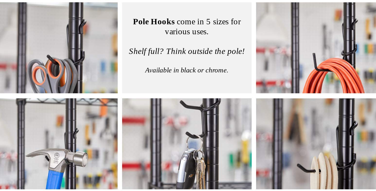 Pole Hooks 5-Pack | Utility Hanger Chrome | Best Solution for Garage Shelving Storage Organization | Use with Metal or Wire Shelves and Racks | Heavy Duty, Easy Installation