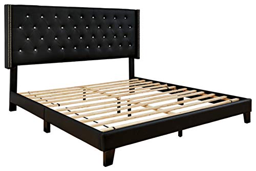 Signature Design by Ashley Vintasso Glam Button-Tufted Faux Leather Platform Bed with Rhinestones, Queen, Black