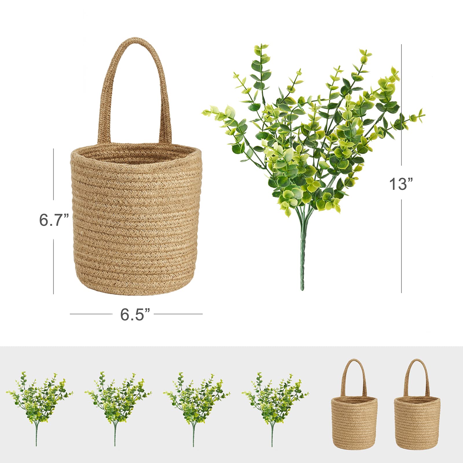Dahey 2 Pack Wall Hanging Rope Basket with Artificial Eucalyptus Farmhouse Decor, Jute Woven Storage Organizer Flower Plants Basket Set Rustic Wall Decor for Porch Living Room Bedroom Entryway,Brown