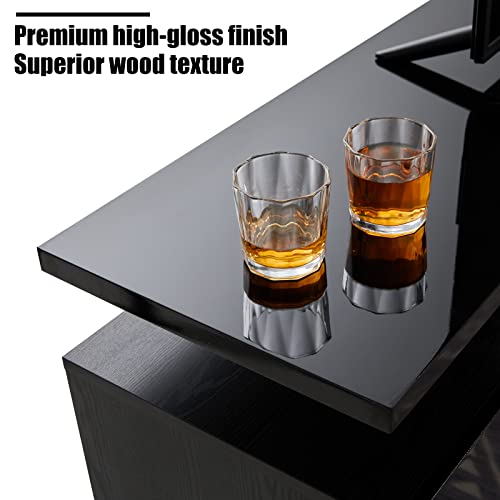 Amerlife Fireplace TV Stand with 36" Fireplace, 70" Modern High Gloss Entertainment Center LED Lights, 2 Tier TV Console Cabinet for TVs Up to 80", Black