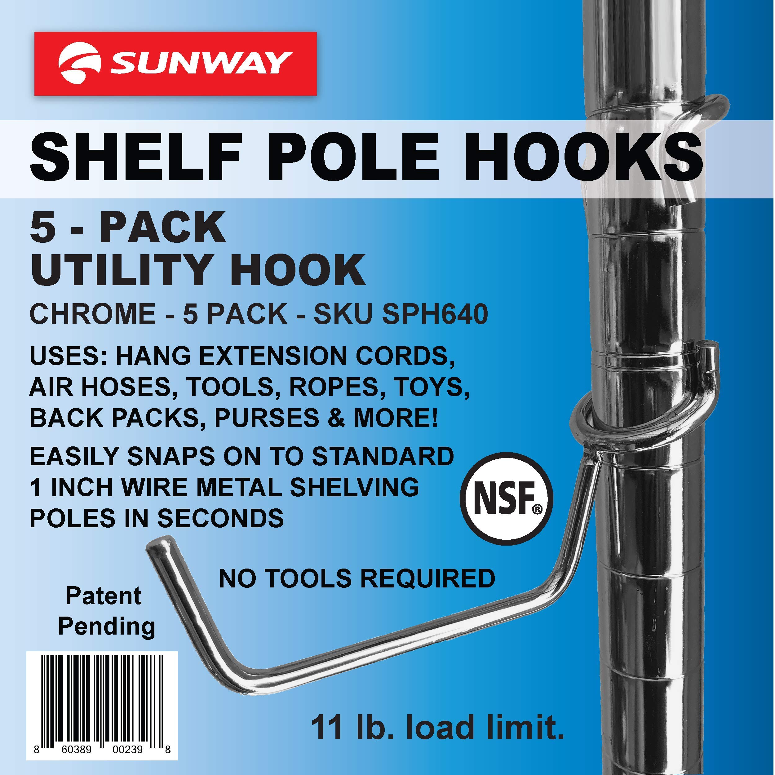 Pole Hooks 5-Pack | Utility Hanger Chrome | Best Solution for Garage Shelving Storage Organization | Use with Metal or Wire Shelves and Racks | Heavy Duty, Easy Installation
