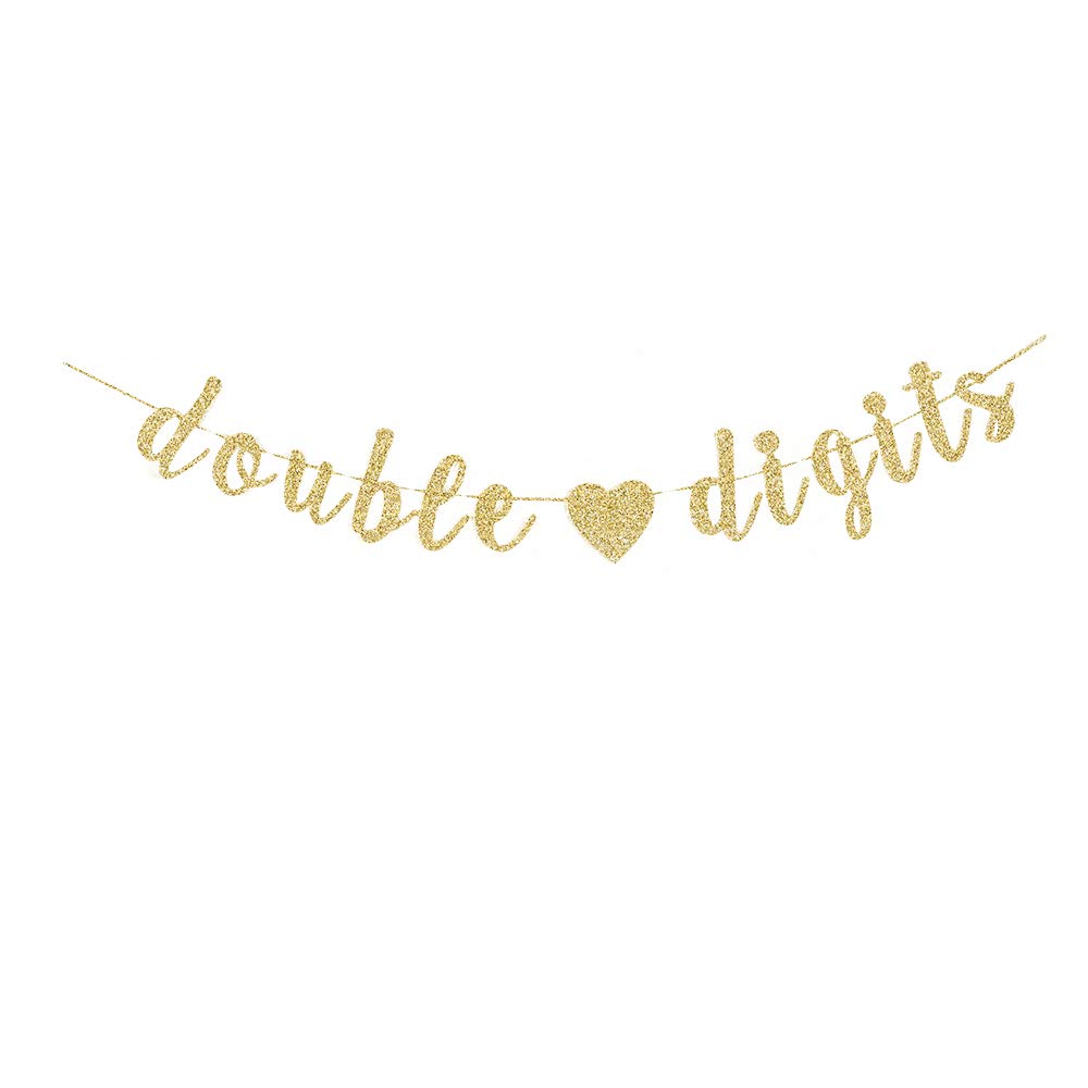 Double Digits Gold Gliter Paper Banner, Fun 10th Birthday Party Sign Garlands Shiny Photo Backdrops Decorations