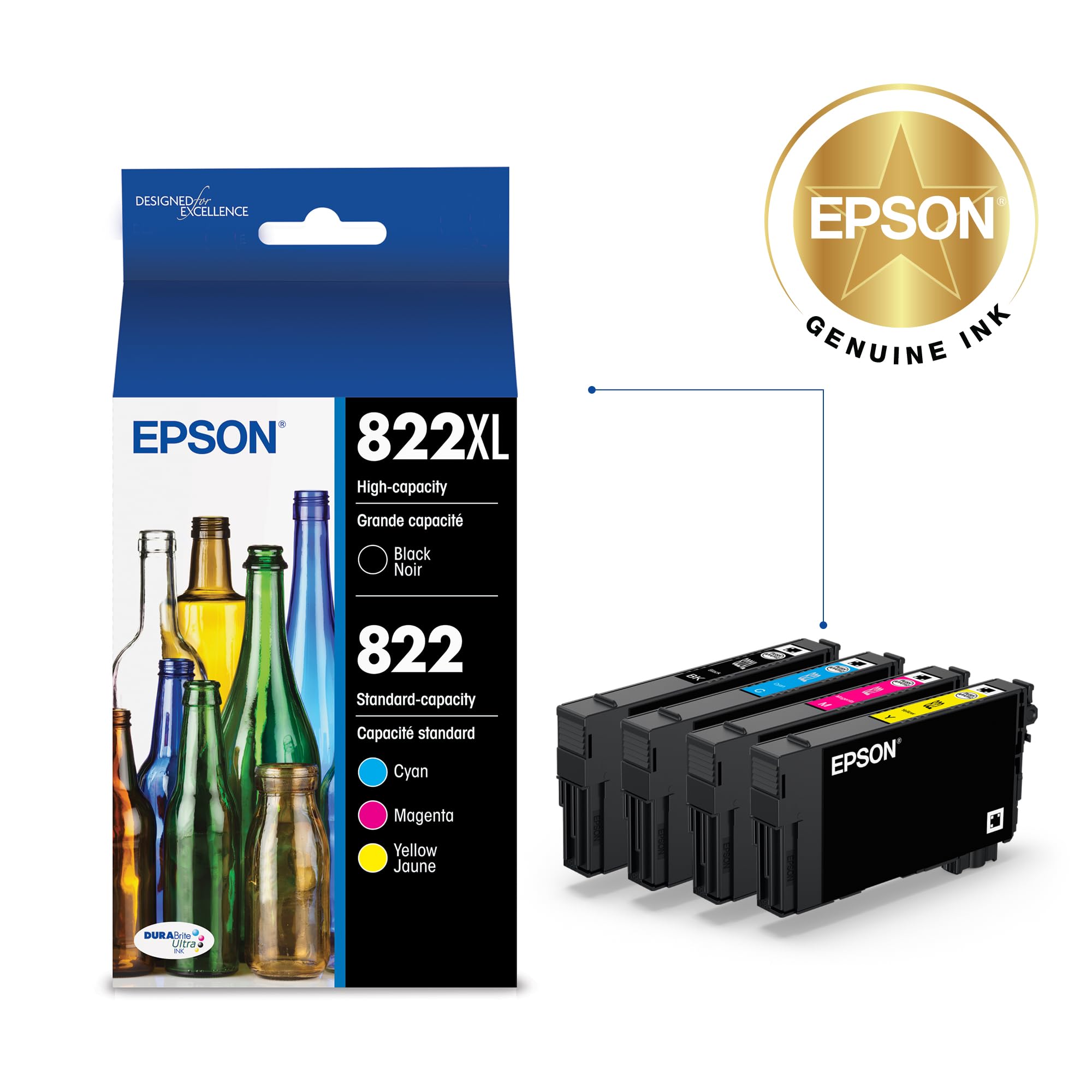 EPSON T822 DURABrite Ultra Ink High Capacity Black & Standard Color Cartridge Combo Pack (T822XL-BCS) for select Epson WorkForce Pro Printers