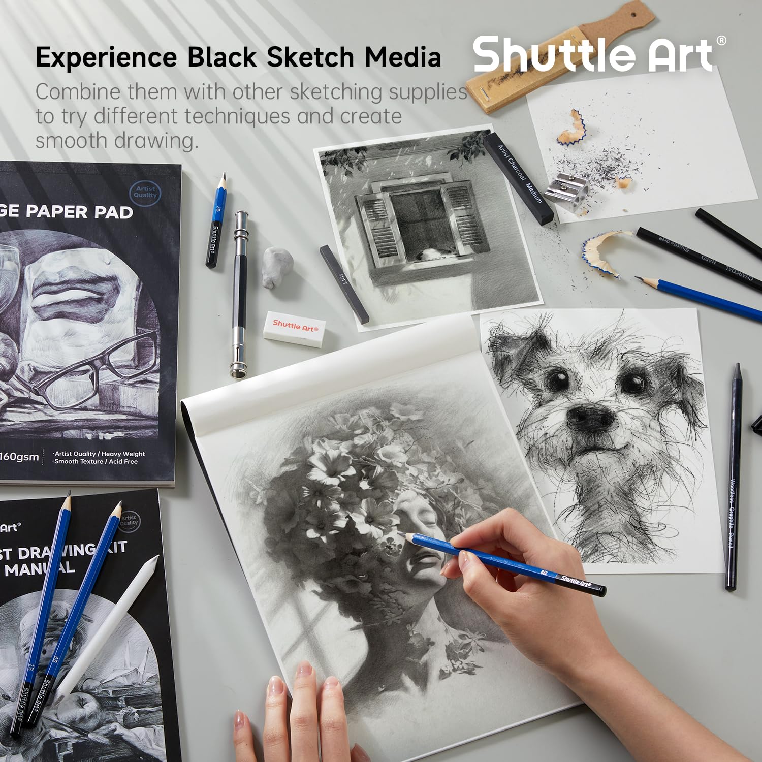 124 PCS Drawing Kit, Shuttle Art Professional Drawing Supplies with Sketch, Charcoal, Colored, Graphite, Pastel Pencils & Sticks, Complete Drawing Tools and Paper Pads in Zipper Case for Artists& Kids