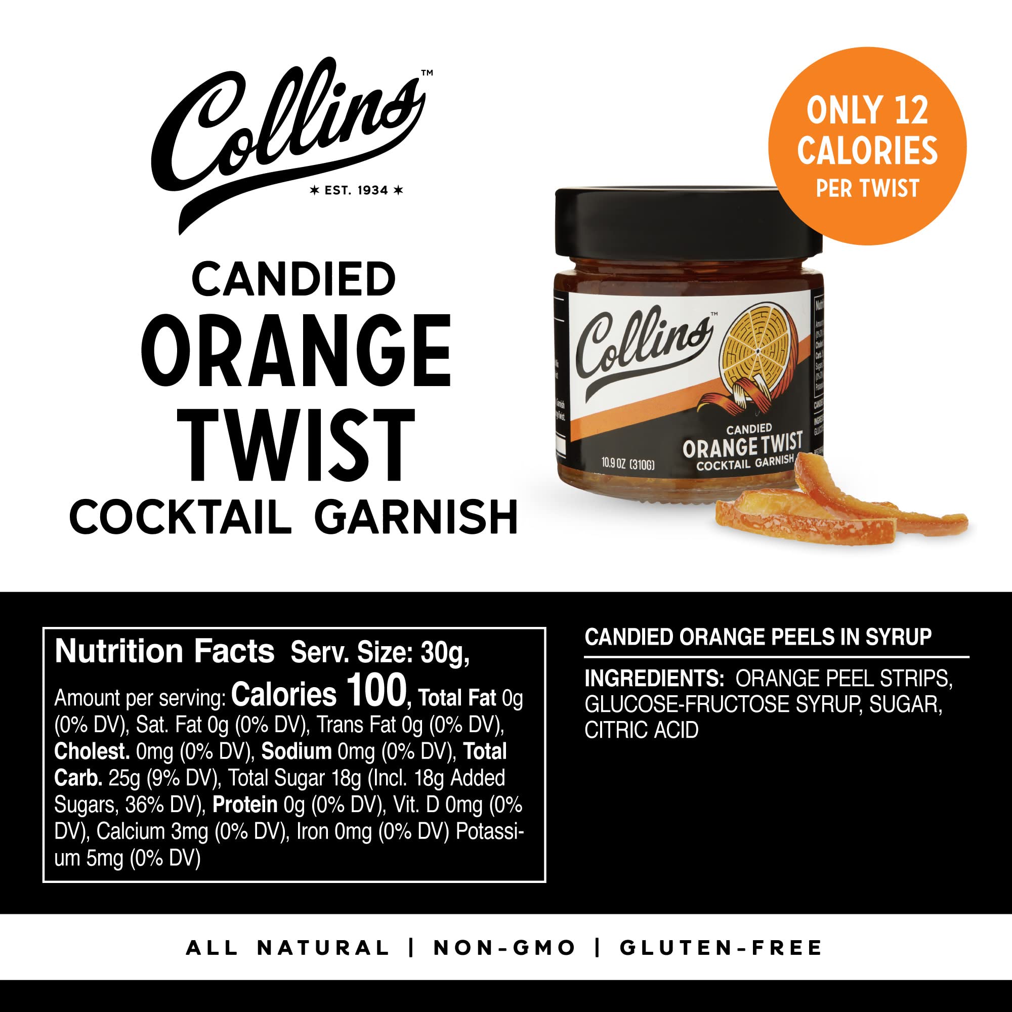 Collins Candied Fruit Orange Peel Twist in Syrup - Popular Cocktail Garnish for Skinny Margarita, Martini, Mojito, Old Fashioned Drinks, Peel for Baking, 10oz