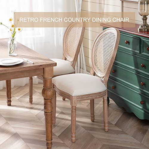 Virabit French Dining Chairs Set of 2, Rattan Farmhouse Upholstered Dining Chairs with Curved Backrest and Beautifully Carved Solid WoodFrame for Living Room, Kitchen, Restaurant