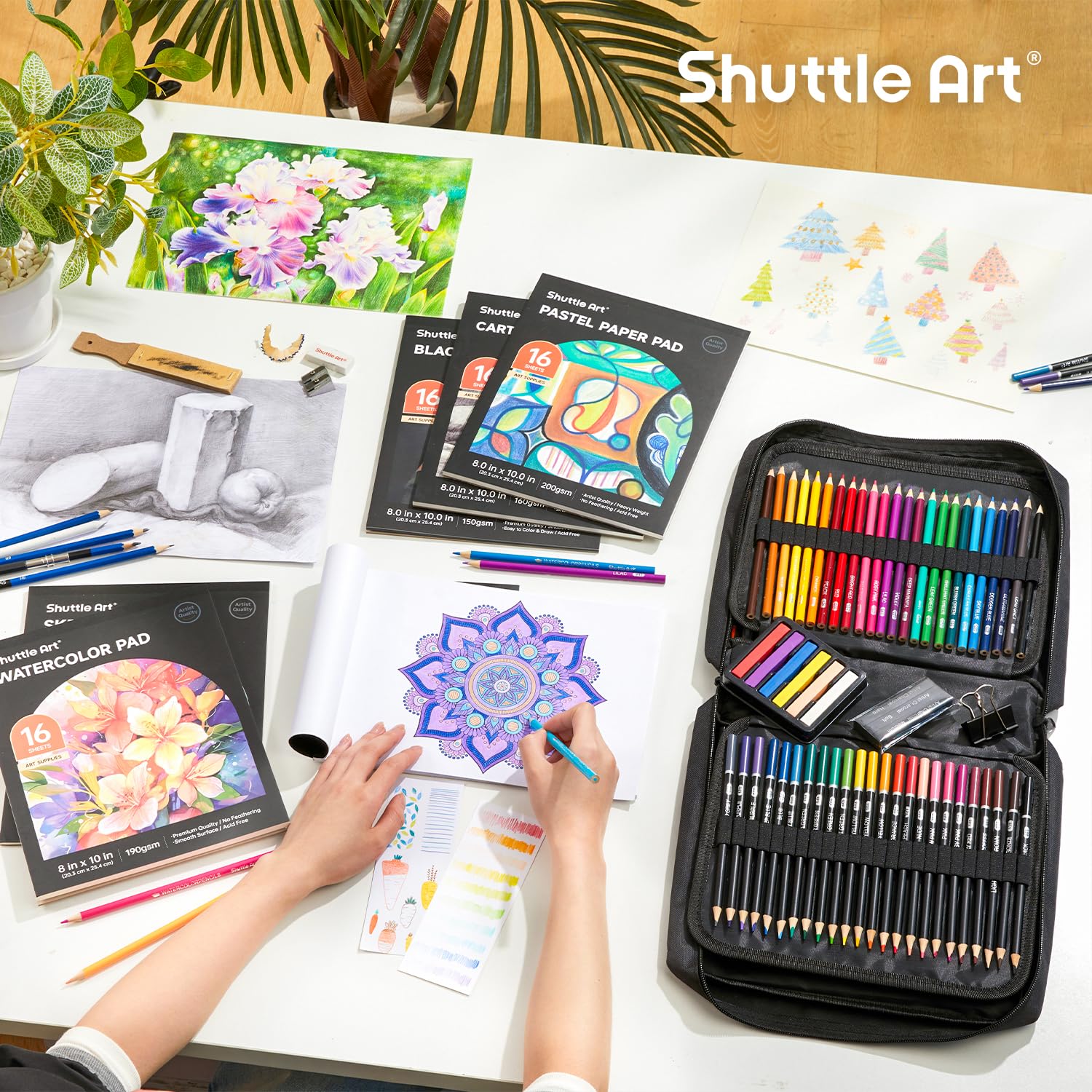 124 PCS Drawing Kit, Shuttle Art Professional Drawing Supplies with Sketch, Charcoal, Colored, Graphite, Pastel Pencils & Sticks, Complete Drawing Tools and Paper Pads in Zipper Case for Artists& Kids