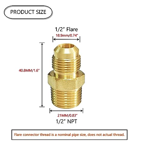 HQMPC Flare Fittings Brass Tube Fittings 1/2" Flare *1/2"NPT Gas Fitting HEX Brass Pipe Fitting 2Pcs