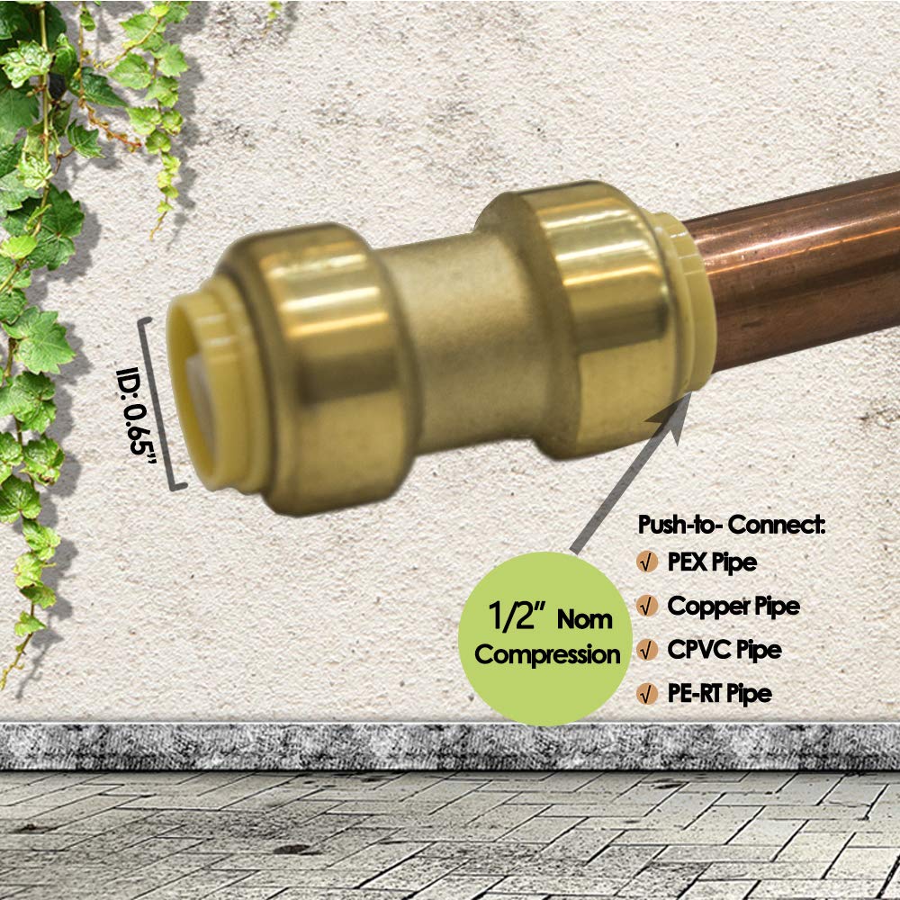 HQMPC Push Fit PEX Fittings Straight Coupling 1/2", Push-to-Connect Copper, CPVC, No Pb Brass Plumbing Fittings (2PCS 1/2 Inch(1/2"))