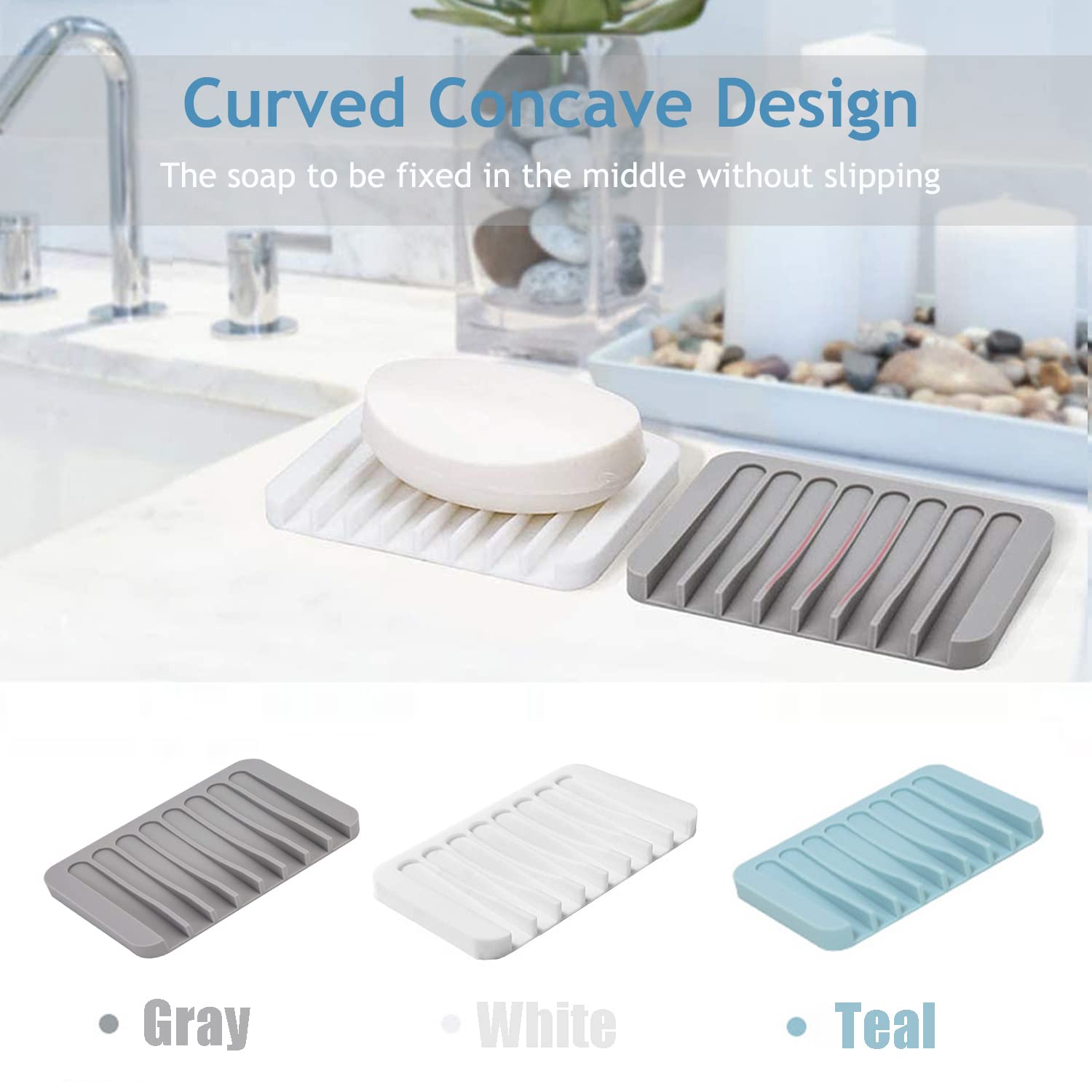 Self Draining Soap Dishes, 3 Pcs Silicone Soap Saver, Waterfall Drainer Soap Holder for Bathroom, Extend Soap Life, Keep Soap Bars Dry Clean & Easy Cleaning ( White, Gray, Teal )