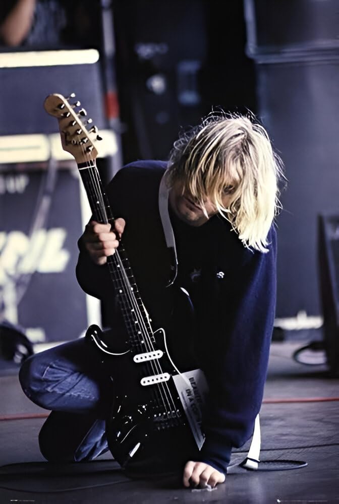 Buyartforless Nirvana-Kurt Cobain Kneeling On Stage 36x24 Music Concert Poster, Print, Decorative Accent, Wall Art, Multi-Color