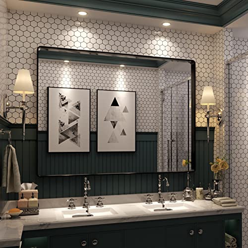 ISKM Black Bathroom Mirror for Wall 48" x 32" Matte Black Framed Vanity Mirror Anti-Rust Tempered Glass Hangs Horizontal or Vertical