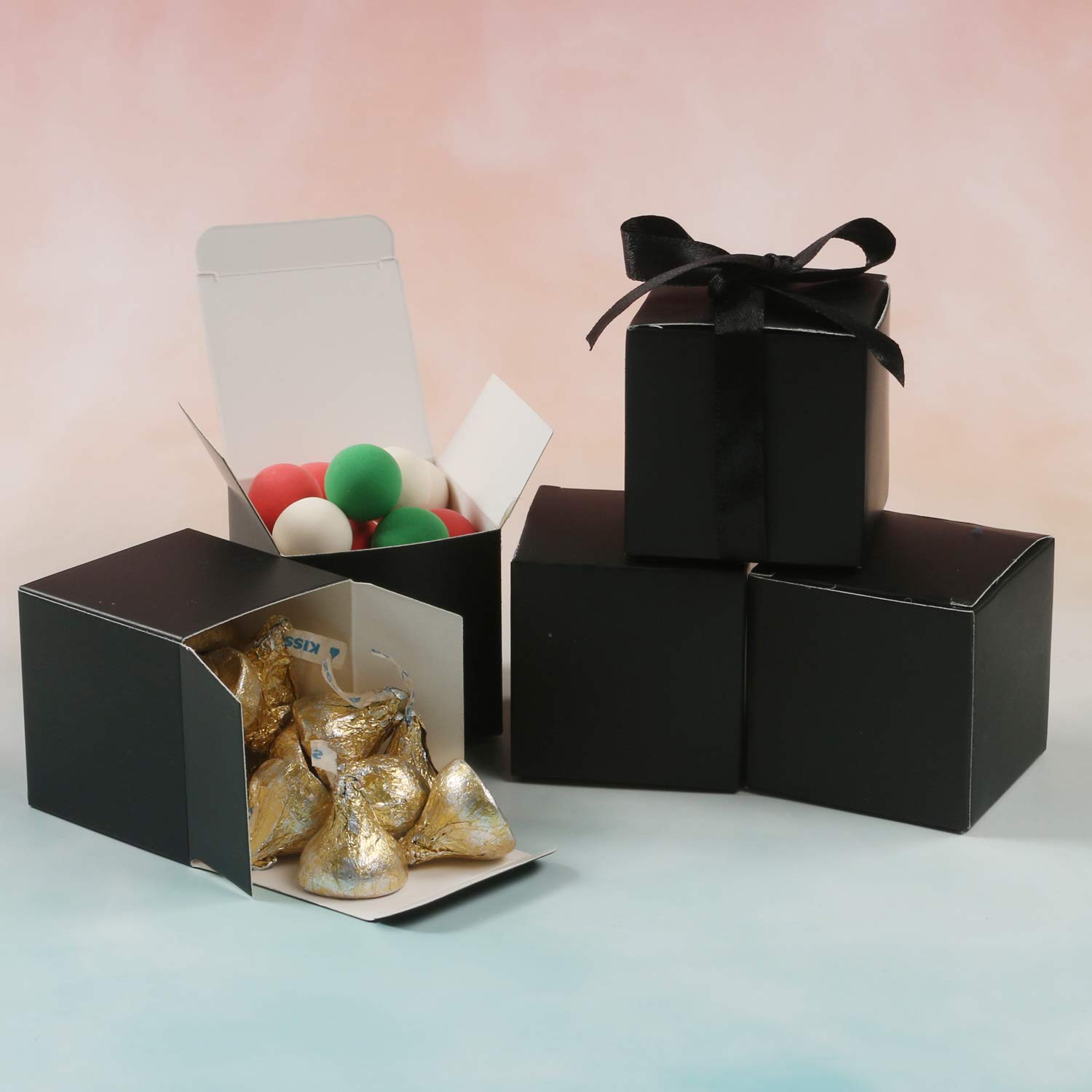 COTOPHER 60pcs Wedding Favor Boxes, Paper Gift Boxes 3x3x3 Inches Small Gift Boxes with Ribbons Small Boxes for Gifts, Crafting, Cupcake, Candy, Bridesmaid Proposal Boxes，Easy Assemble Boxes (Black)