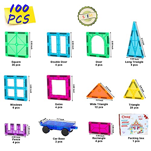 Bmag Magnetic Tiles, 100PCS Magnet Building Blocks for Kids , Stacking Building Set for Boys Girls, STEM Preschool Educational Learning Construction Toy with 2 Cars
