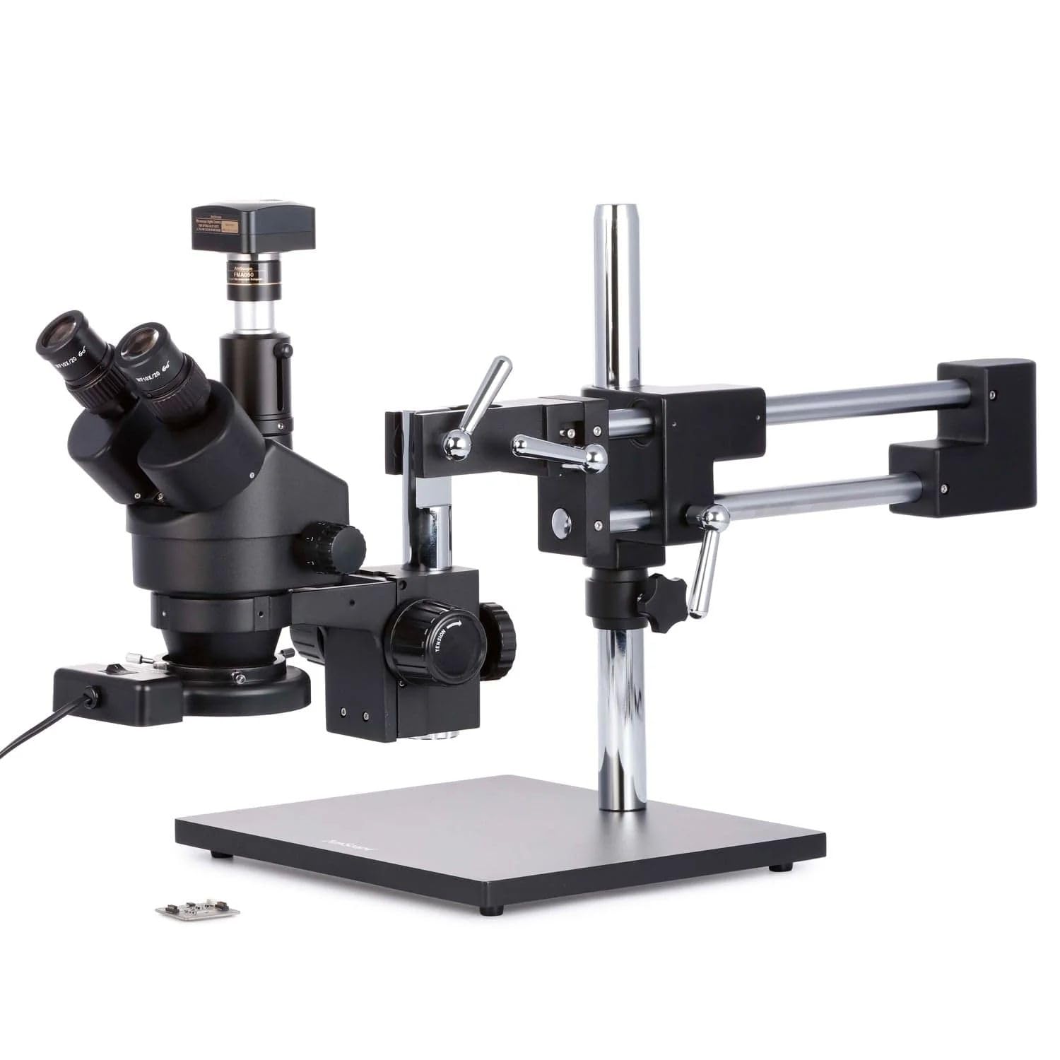 AmScope SM-4TZ-FRL-MB Digital Professional Trinocular Stereo Zoom Microscope, WH10x Eyepieces, 3.5X-90X Magnification, 0.7X-4.5X Zoom Objective, 8W Fluorescent Ring Light, Double-Arm Boom Stand, 110V-120V, Includes 0.5X and 2.0X Barlow Lenses and 1.3MP Ca