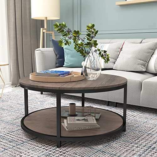 NSdirect 36 inch Round Coffee Table,Coffee Table for Living Room,2-Tier Rustic Wood Desktop & Sturdy Metal Legs Table Modern Design Home Furniture with Storage Shelf (Light Walnut)
