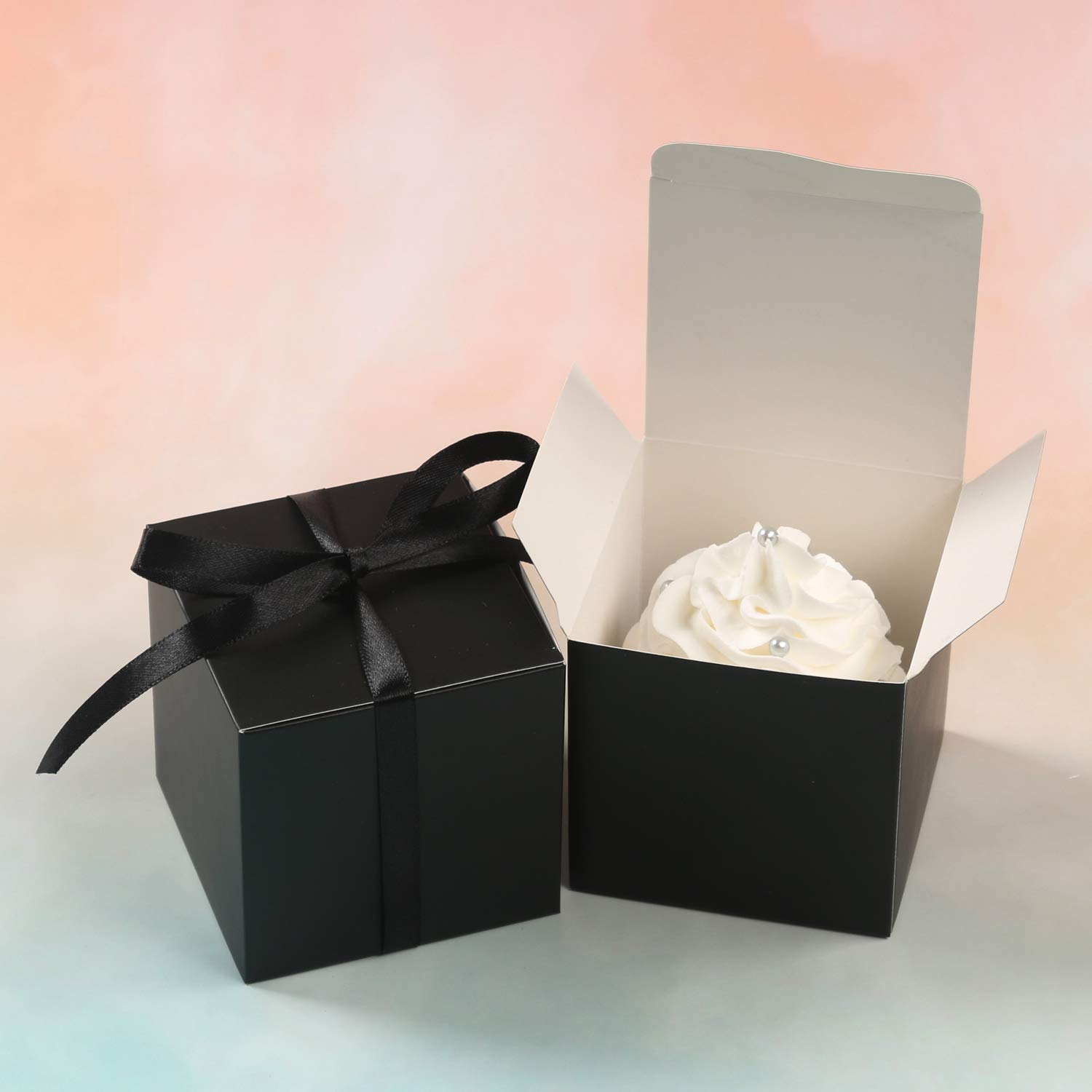 COTOPHER 60pcs Wedding Favor Boxes, Paper Gift Boxes 3x3x3 Inches Small Gift Boxes with Ribbons Small Boxes for Gifts, Crafting, Cupcake, Candy, Bridesmaid Proposal Boxes，Easy Assemble Boxes (Black)