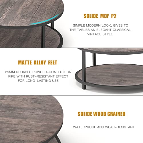 NSdirect 36 inch Round Coffee Table,Coffee Table for Living Room,2-Tier Rustic Wood Desktop & Sturdy Metal Legs Table Modern Design Home Furniture with Storage Shelf (Light Walnut)