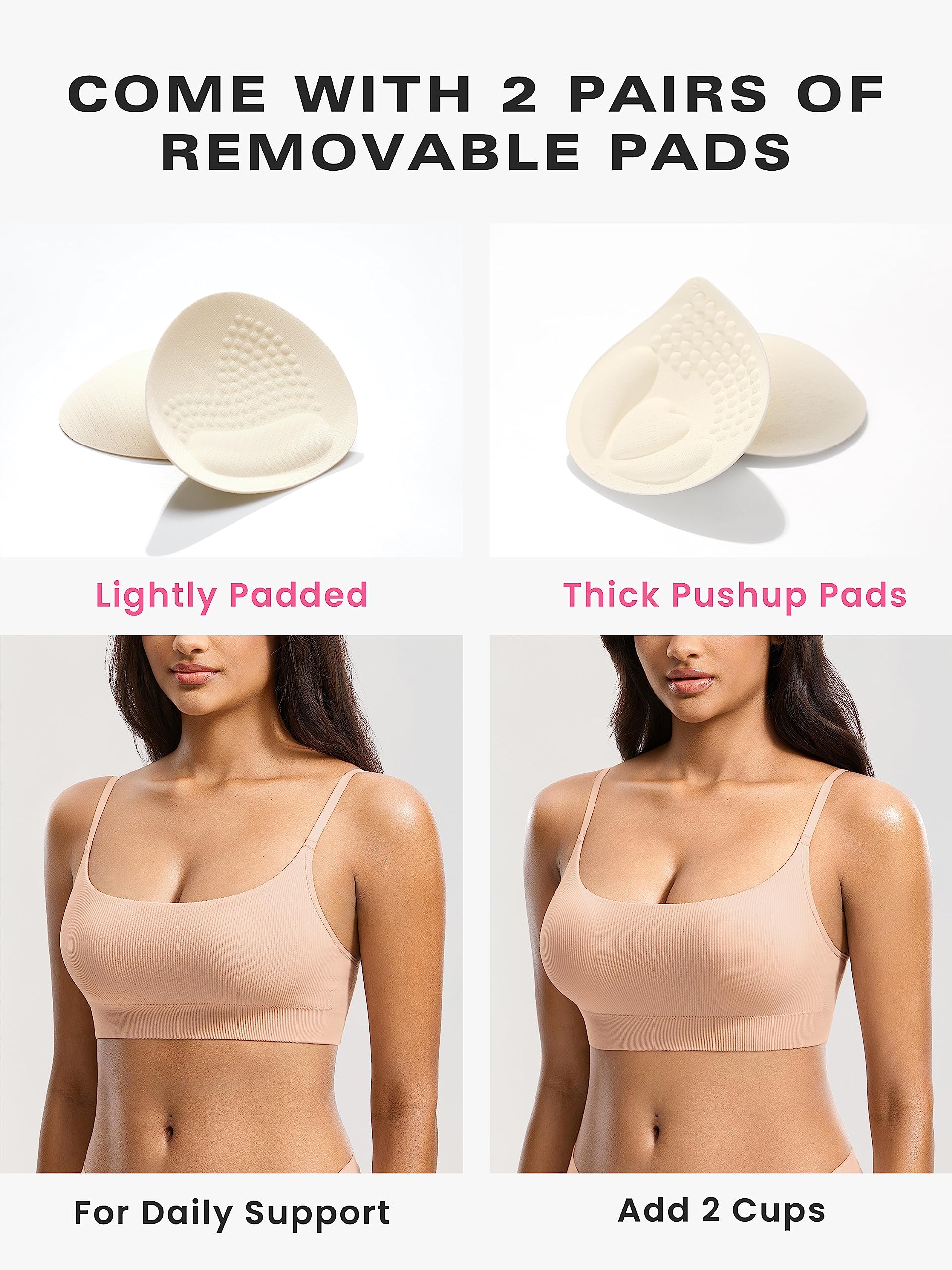 DOBREVA Women's Bralettes No Underwire Bras Support Padded Wireless Ribbed Seamless Bra Removable Pads Push Up Inserts Beige X-Large