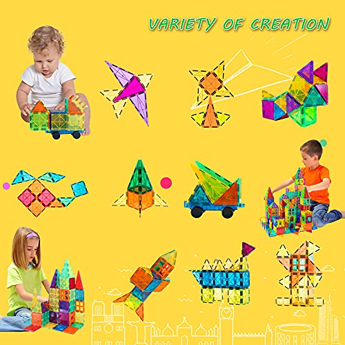 Bmag Magnetic Tiles, 100PCS Magnet Building Blocks for Kids , Stacking Building Set for Boys Girls, STEM Preschool Educational Learning Construction Toy with 2 Cars