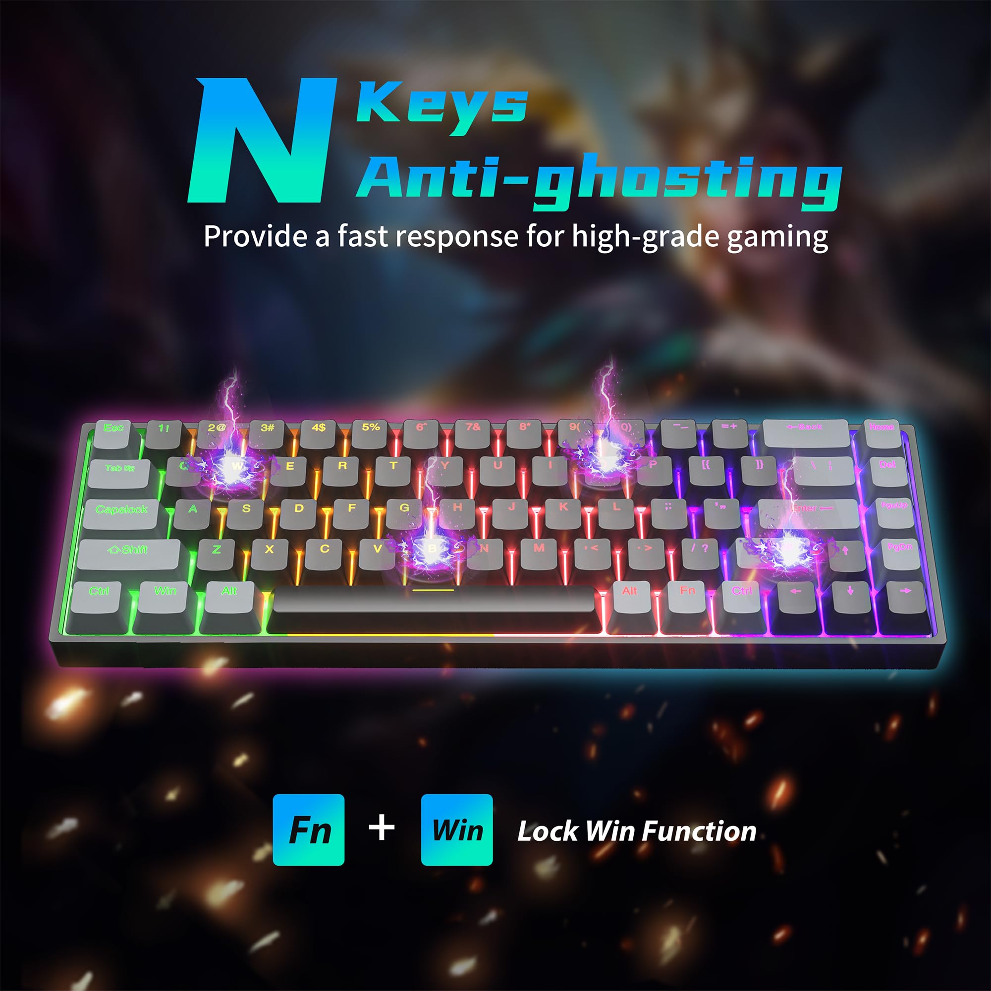 Taiahiro 60% Mechanical Gaming Keyboard, RGB Backlit 68 Keys Ultra-Compact Wired Keyboard with Blue Switch, Full Anti-Ghost, Type-C, Portable Mini Office Keyboard for PC Laptop Win/Mac, Black&Gray