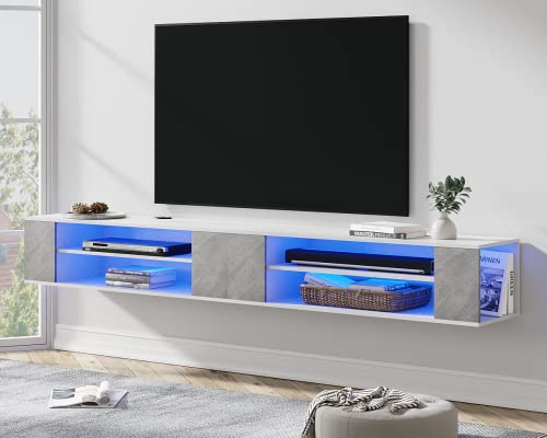 WAMPAT 2-in-1 Piece Floating TV Stand with Led Lights,79" Floating Entertainment Center Up to 80 Inch TVS, TV Cabinet Media Console Wood Storage Hutch Under TV for Living Room,Grey&White