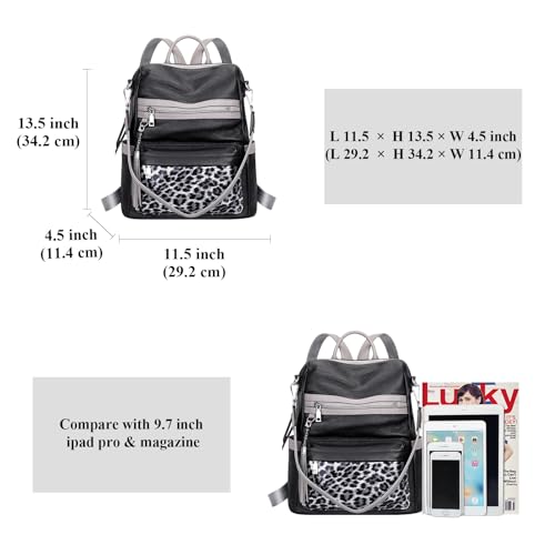 ALTOSY Genuine Leather Backpack Purse for Women Convertible Shoulder bag Soft Crossdody Bag Large Elegant Casual Daypacks(S108 Black/Grey/Silver Leopard)