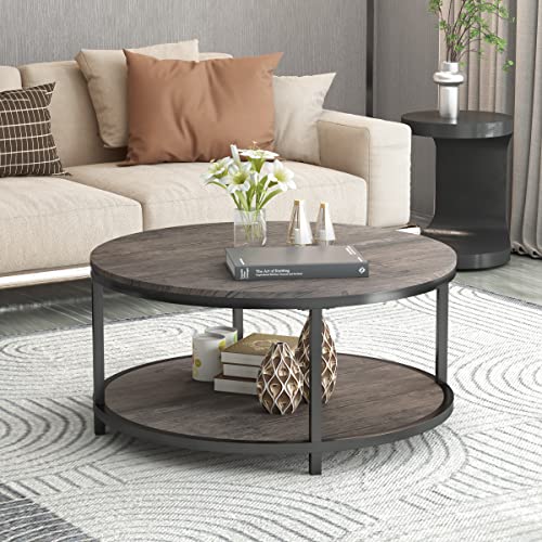 NSdirect 36 inch Round Coffee Table,Coffee Table for Living Room,2-Tier Rustic Wood Desktop & Sturdy Metal Legs Table Modern Design Home Furniture with Storage Shelf (Light Walnut)