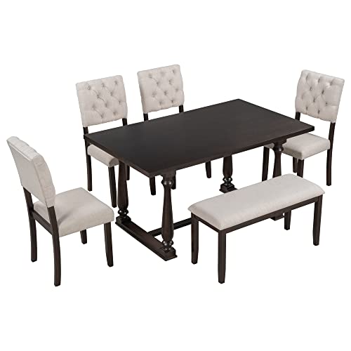 Merax 6 Piece Kitchen Dining Table Set, Wooden Rectangular Dining Table with Upholstered Bench and 4 Upholstered Chairs, Dining Room Set for 6 People, Living Room Furniture (Espresso, Cushions)