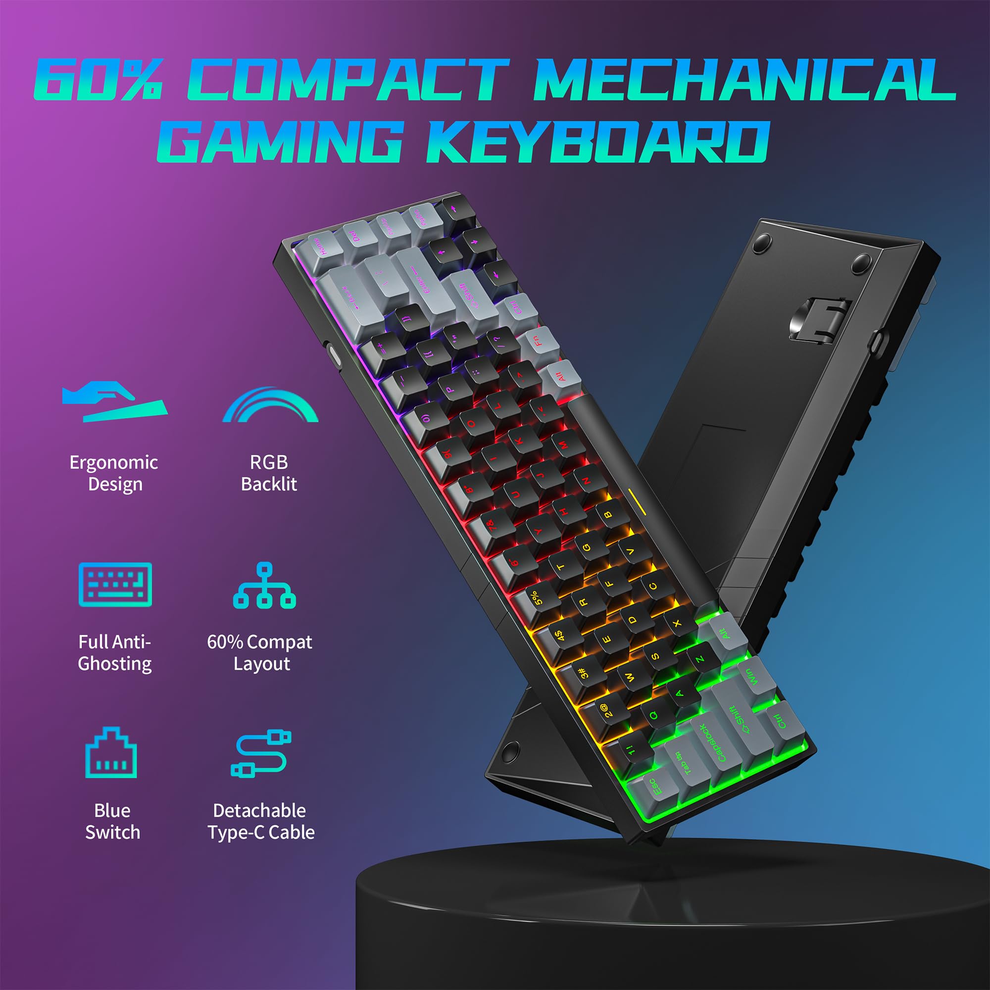 Taiahiro 60% Mechanical Gaming Keyboard, RGB Backlit 68 Keys Ultra-Compact Wired Keyboard with Blue Switch, Full Anti-Ghost, Type-C, Portable Mini Office Keyboard for PC Laptop Win/Mac, Black&Gray
