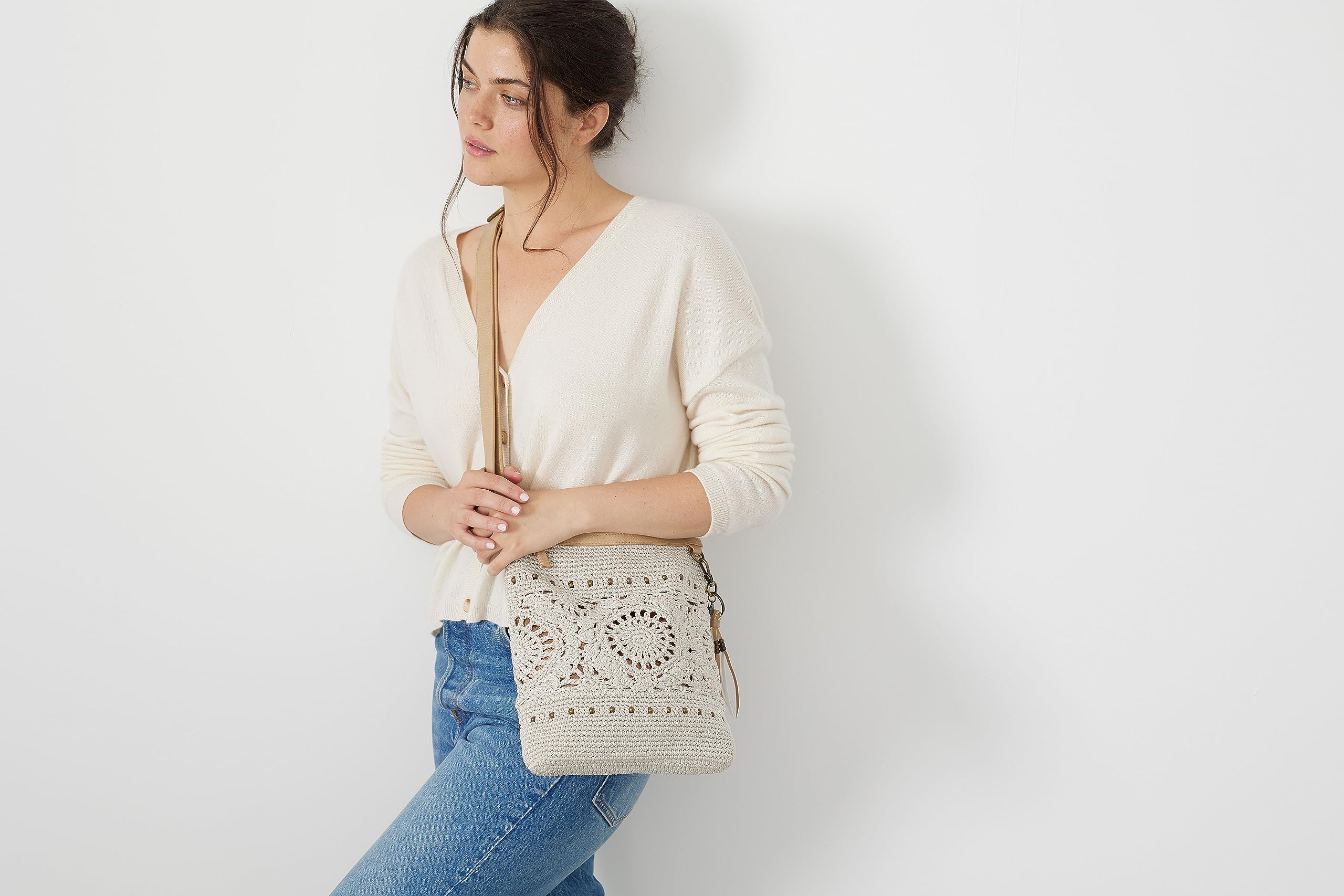 The Sak Lucia Crossbody Bag in Crochet, Convertible Purse with Adjustable Strap, Denim Static