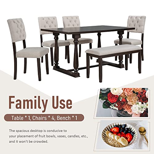 Merax 6 Piece Kitchen Dining Table Set, Wooden Rectangular Dining Table with Upholstered Bench and 4 Upholstered Chairs, Dining Room Set for 6 People, Living Room Furniture (Espresso, Cushions)