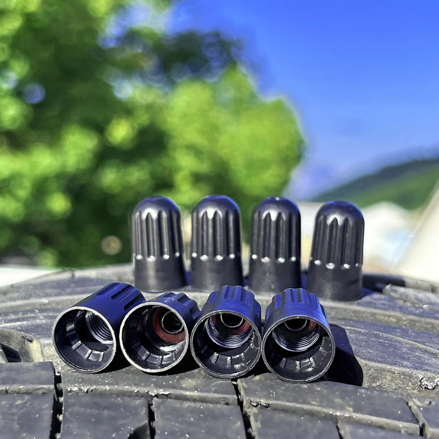 Black TPMS Plastic Tire Valve Stem Caps with Rubber Seal Universal Long Air Valve Stem Caps for TPMS20008 Rubber Valve, Airtight Seal, All-Weather, Air Protection, Light-Weight (8 Pack)