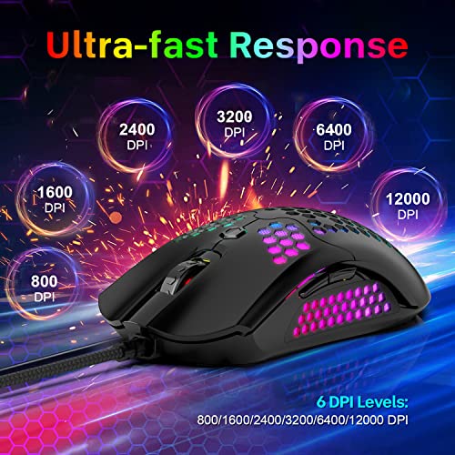 SELORSS ZIYOULANG T60 60% Compact Mechanical Gaming Keyboard RGB Chroma Type C Ergonomic Mini Keyboard UK Layout 12000DPI Gaming Mouse Honeycomb Shell for PC/PS4/PS5/Xbox(Blue Switch)