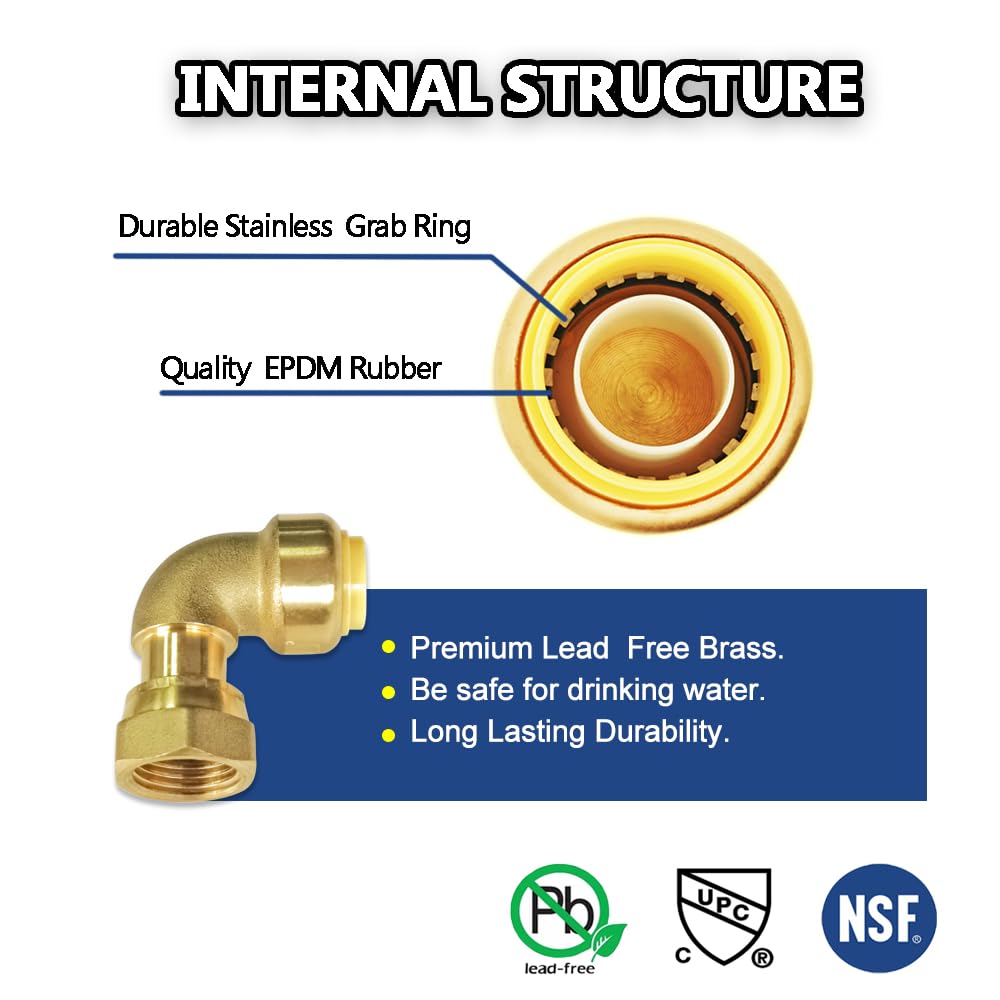 HQMPC Push Elbow Coupling with Union 3/4"X3/4" 2Pcs Push-to-Connect Plumbing Fittings Brass Pipe Connector Fittings for Copper PEX CPVC