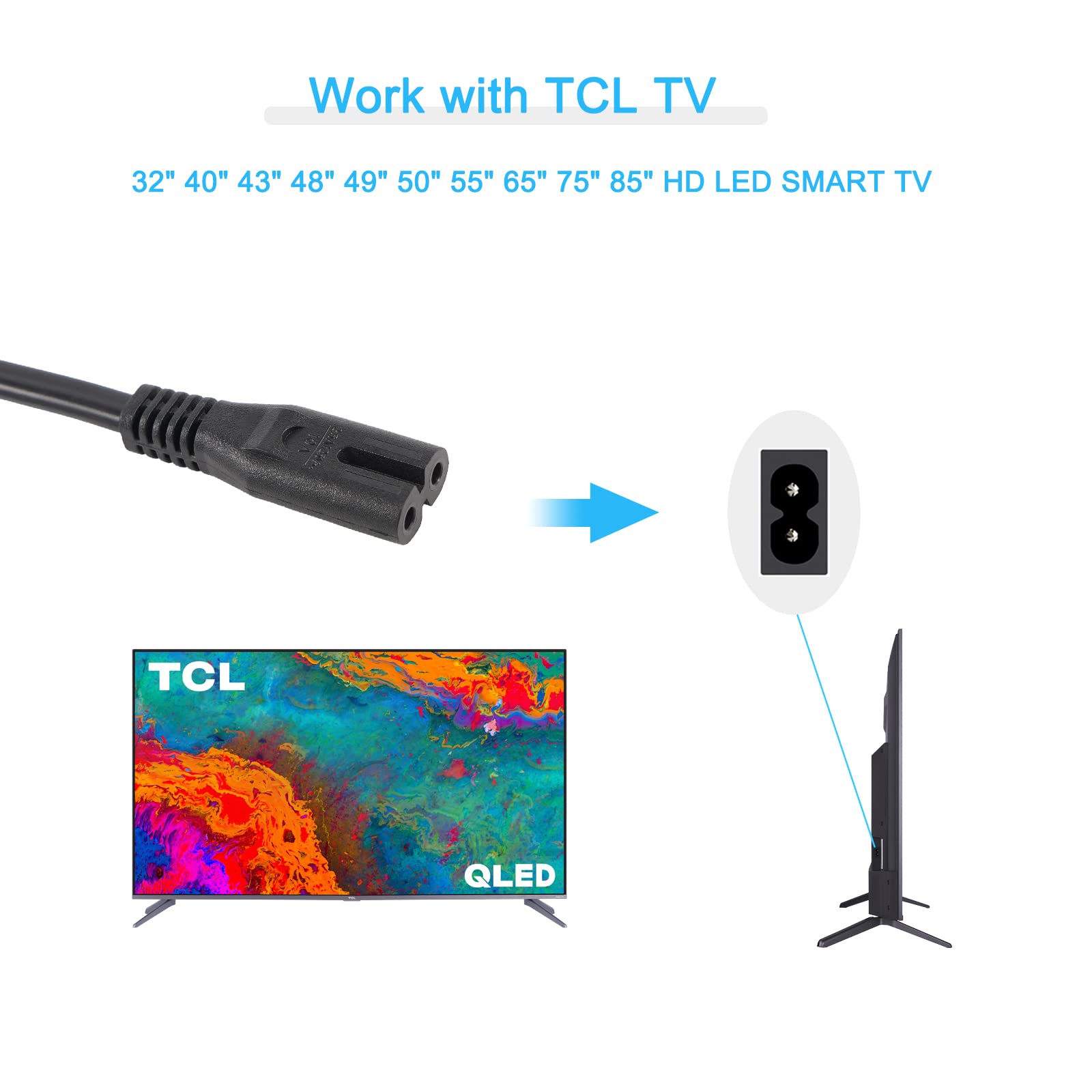 8FT AC Power Cord Compatible with TCL Roku Smart LED LCD HD TV, Xbox One S/X