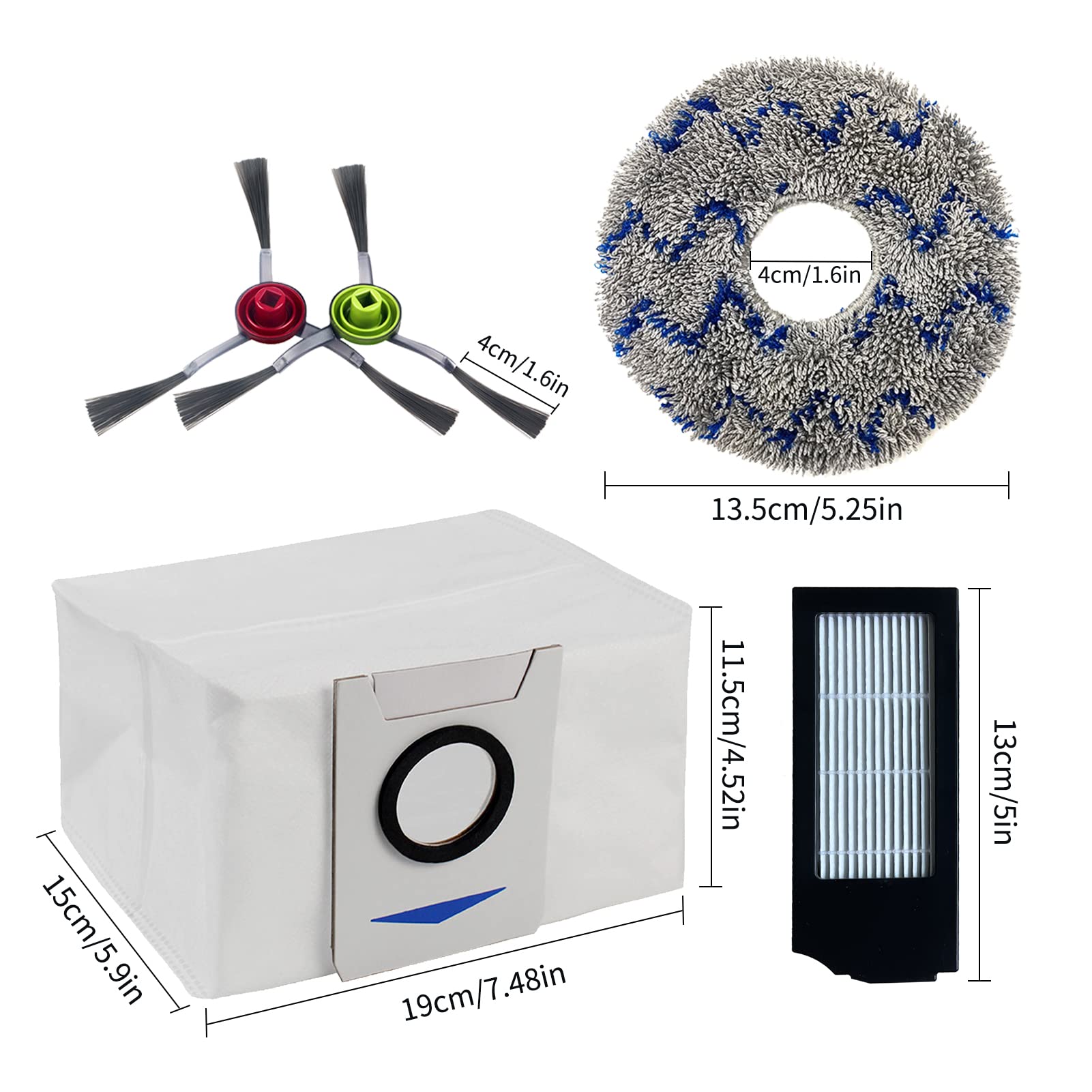 Vacuum Cleaner Floor Care Replacement Parts Kit Compatible With ECOVACS DEEBOT X1 Omni / X1TURBO / X1 Plus Robot Vacuum Cleaner, 5 Dust Bags, 4 Mop Cloth Pads, 2 Hepa Filters, 8 Side Brushes(19pcs)…