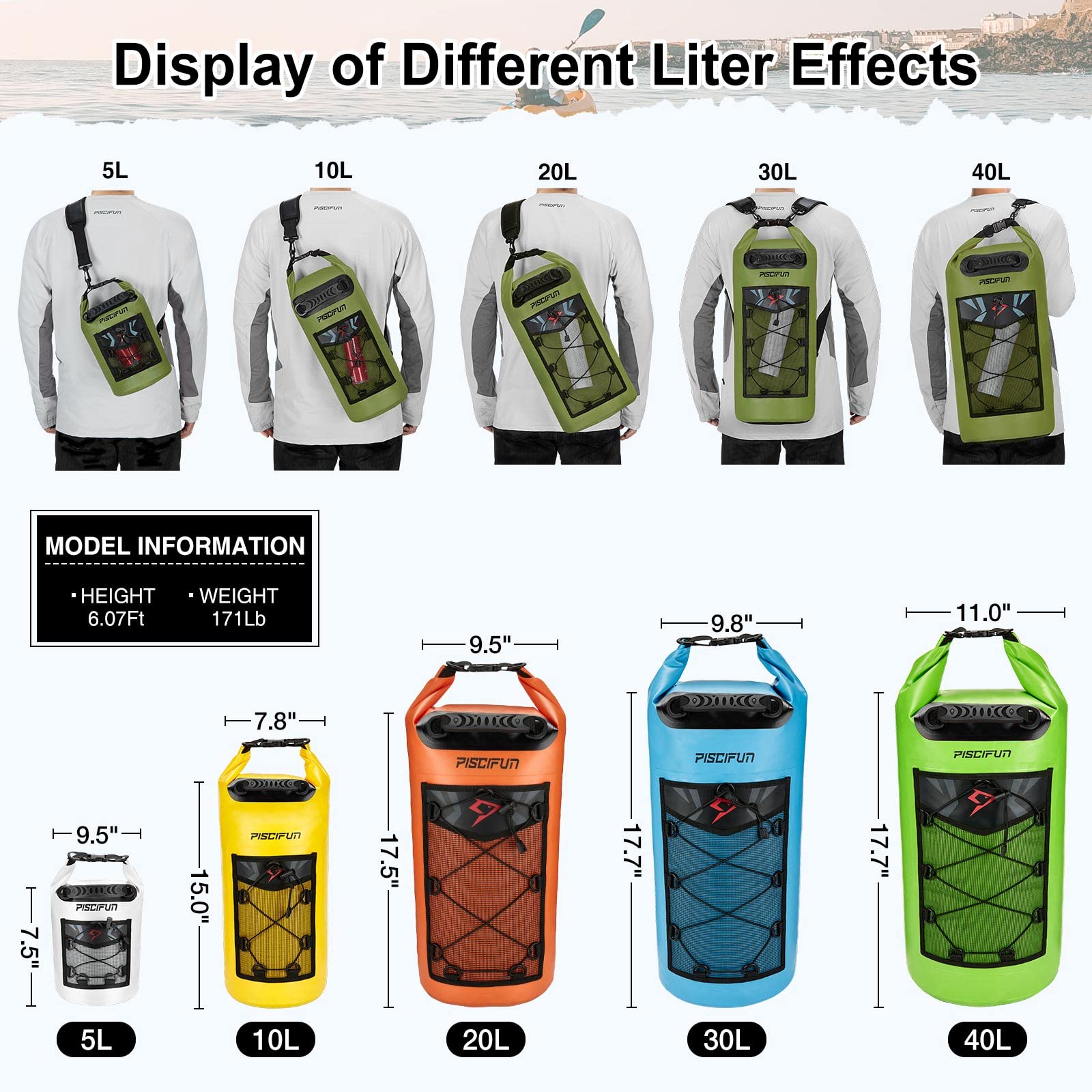Piscifun Dry Bag, Waterproof Floating Backpack with Waterproof Phone Case for Kayking, Boating, Kayaking, Surfing, Rafting and Fishing, Light Blue 20L