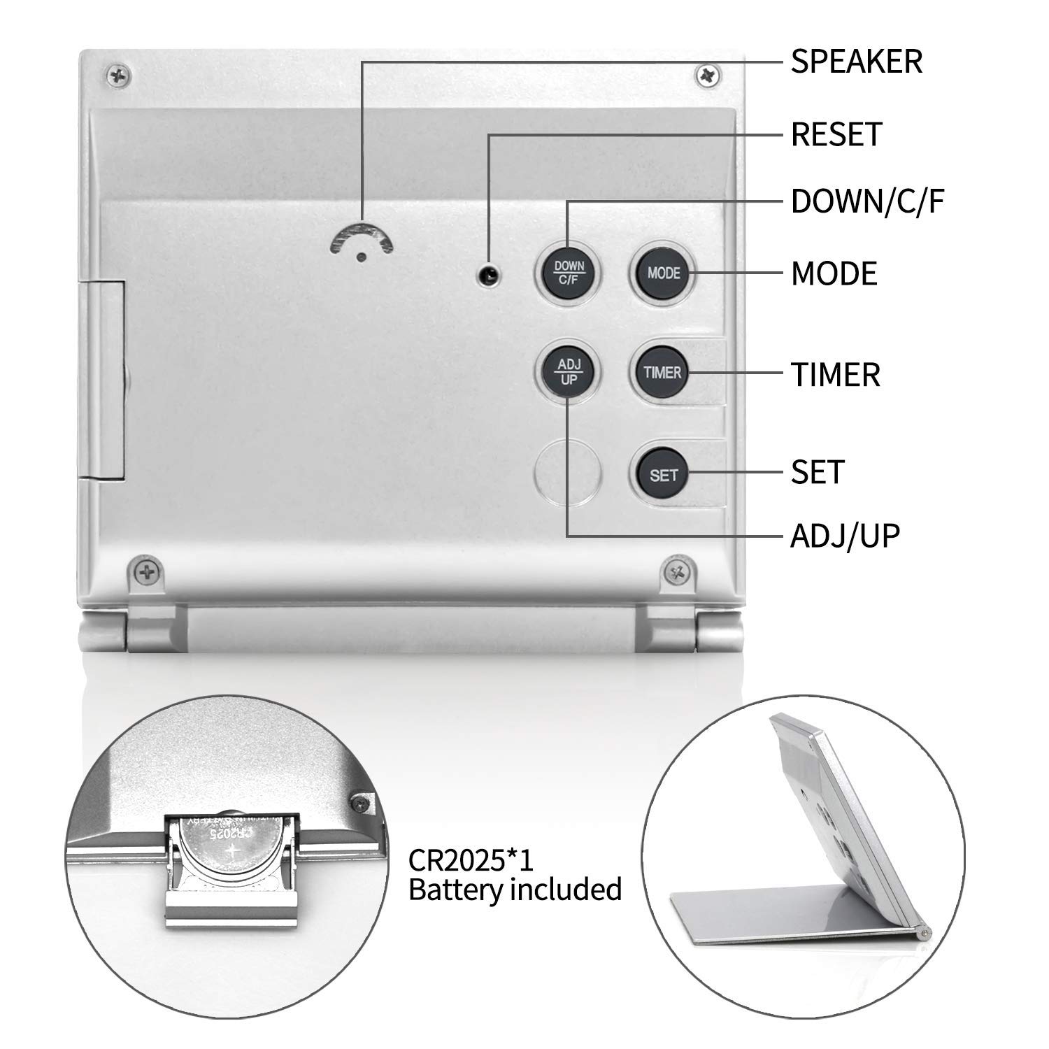 Betus Digital Travel Alarm Clock - Foldable Calendar Temperature Timer LCD Clock with Snooze Mode - Large Number Display, Battery Operated - Compact Desk Clock for All Ages (Silver, No Backlight)
