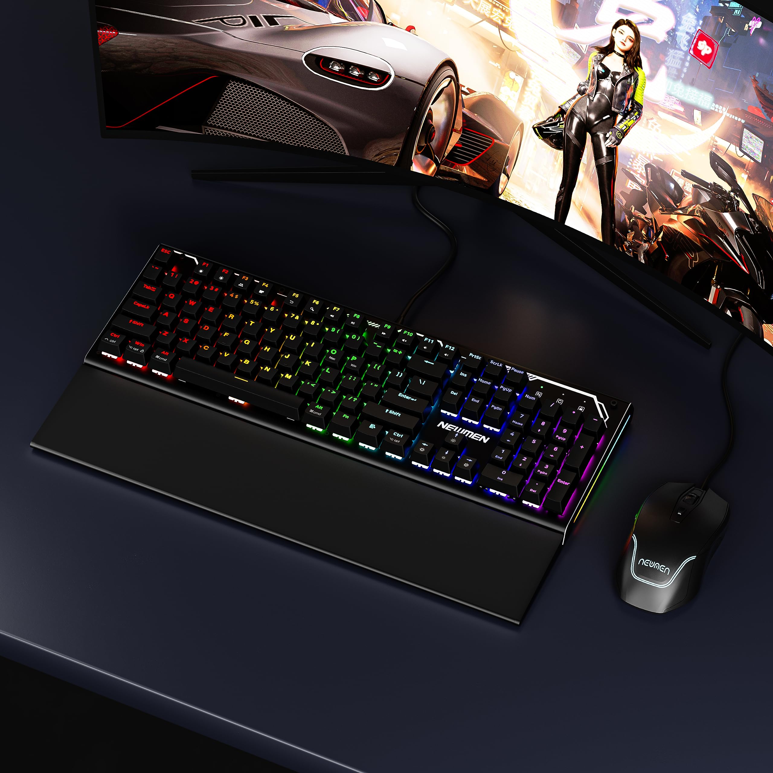 Newmen GM101 Mechanical Gaming Keyboard,RGB Backlit Wired Keyboard with Wrist Rest,Anti-Ghosting Aluminum Mechanical Keyboard for PC Mac(Linear Red Switches)
