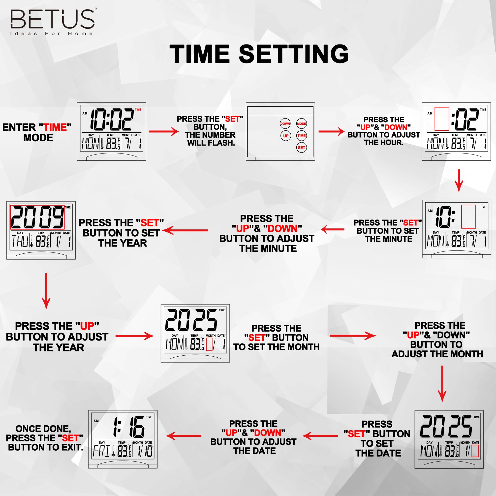 Betus Digital Travel Alarm Clock - Foldable Calendar Temperature Timer LCD Clock with Snooze Mode - Large Number Display, Battery Operated - Compact Desk Clock for All Ages (Silver, No Backlight)